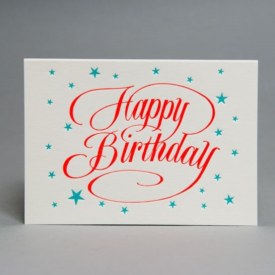 Happy Birthday Script Card Orange Text Blue Stars - Paper Tiger