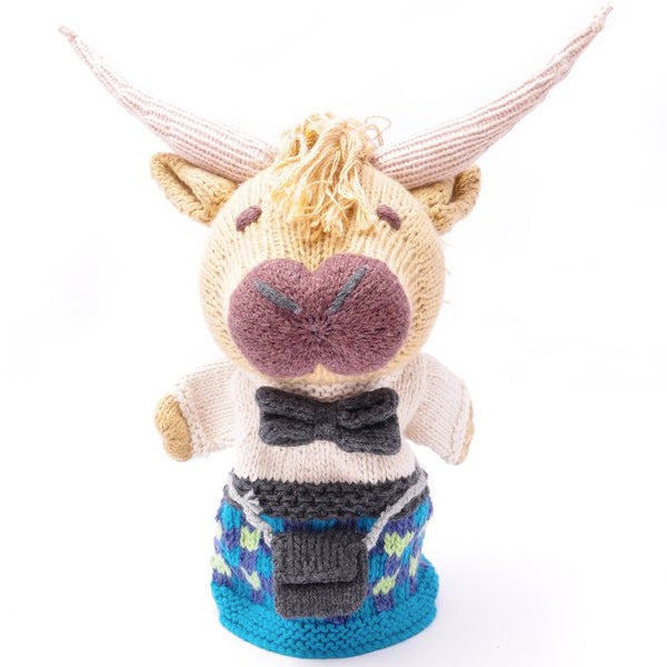 Scottish Highland Cow in Blue Kilt Hand Puppet - Paper Tiger