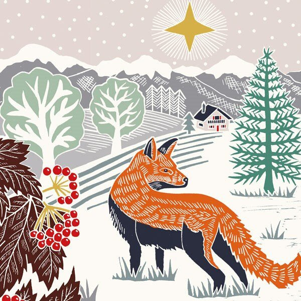 Lino Cut Fox & Landscape Christmas Card Pack - Paper Tiger